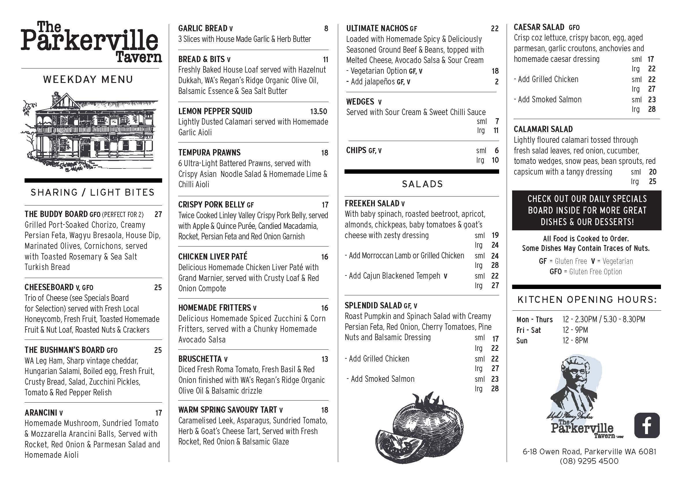 Menu at Parkerville Tavern pub & bar, Parkerville