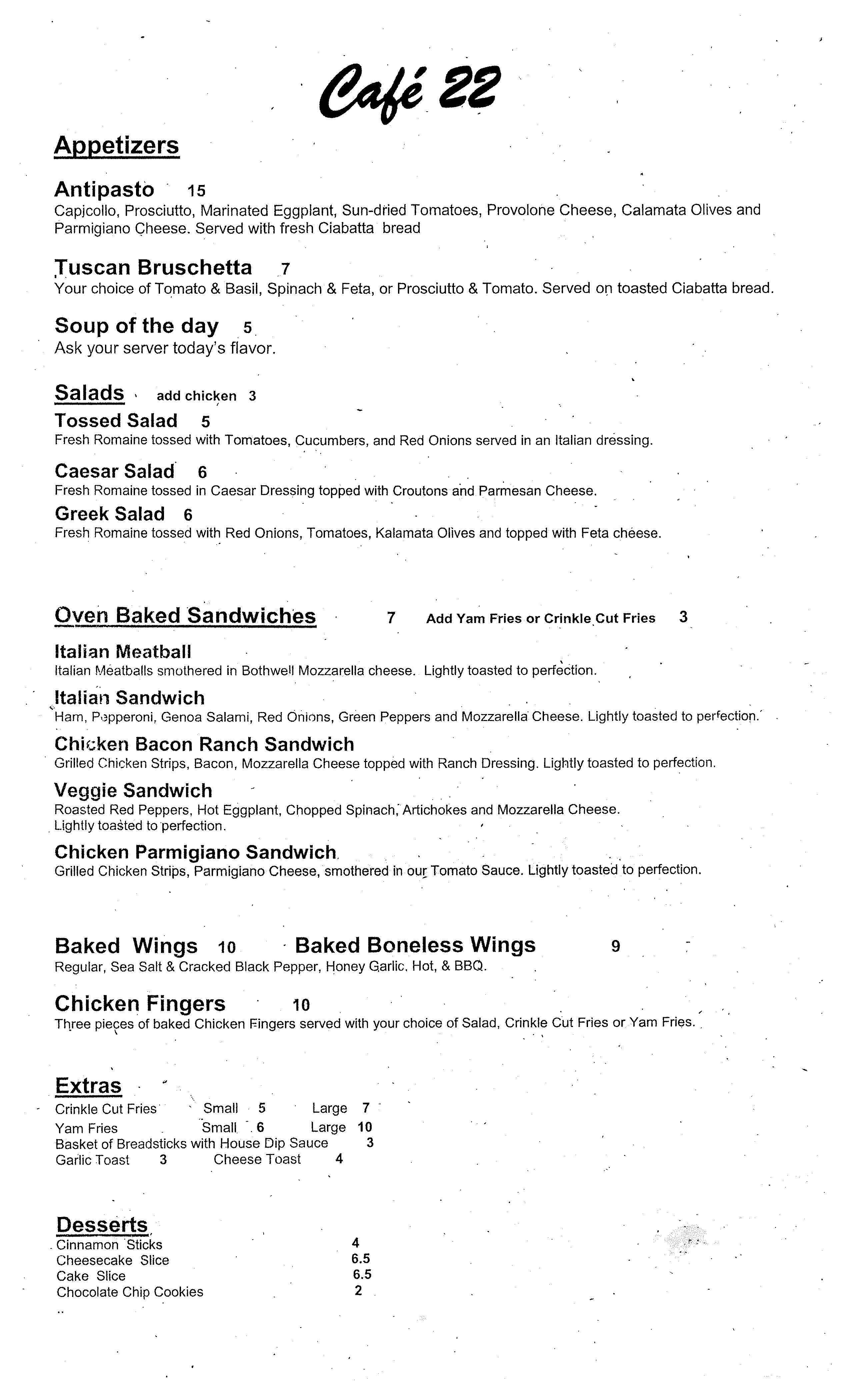 Menu at Cafe 22, Winnipeg, 336 Broadway