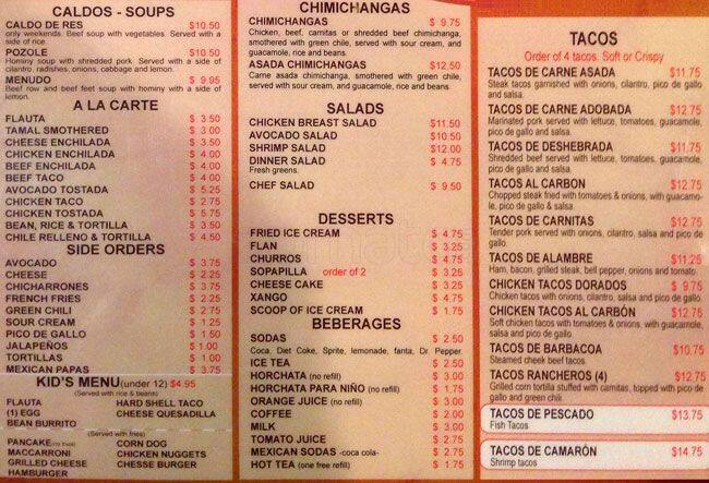 Menu at El Jalisciense restaurant, Wheat Ridge