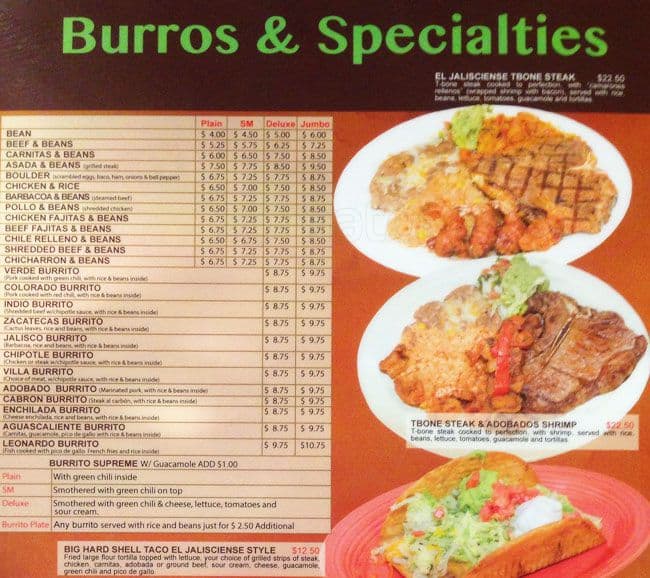 Menu at El Jalisciense restaurant, Wheat Ridge