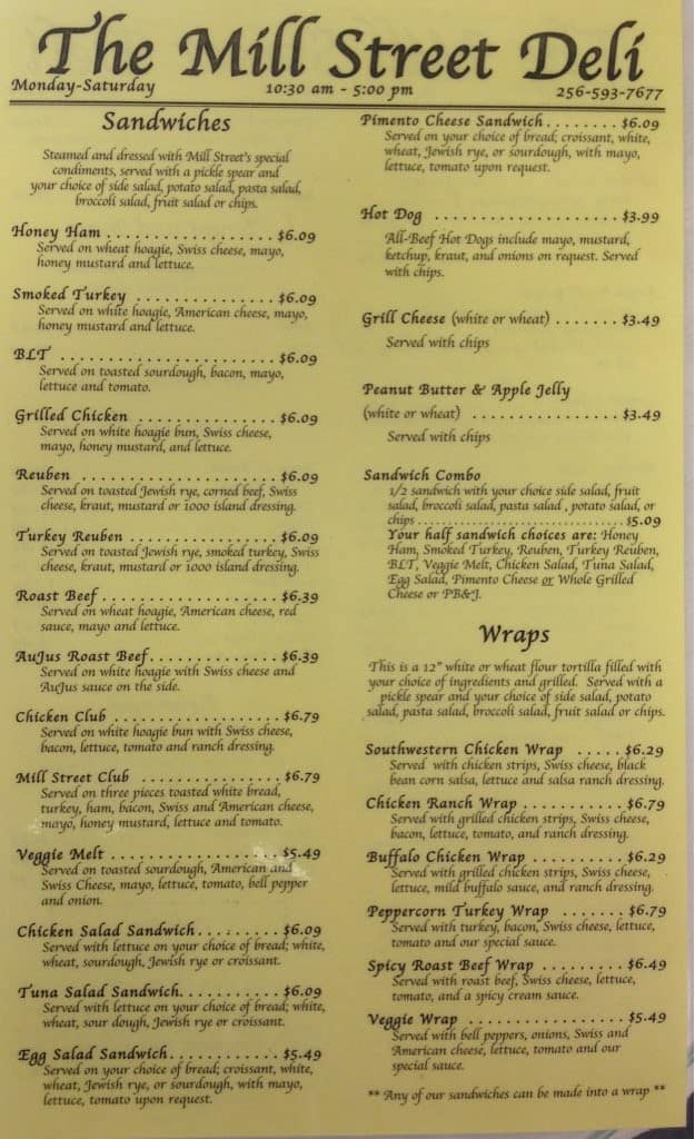Menu at Mill Street Deli restaurant, Boaz