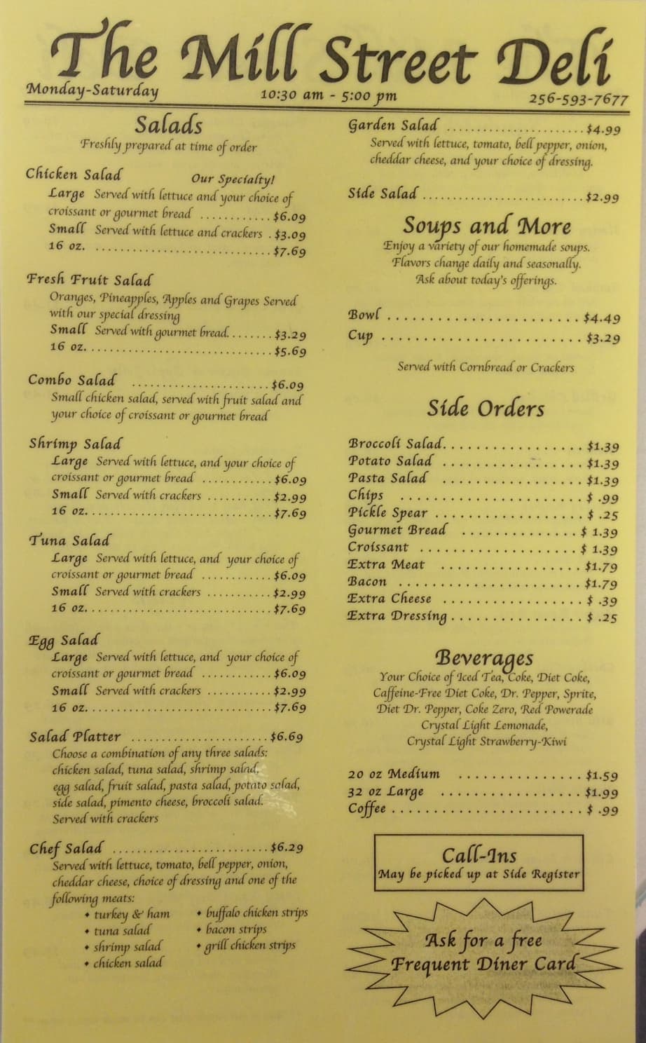 Menu at Mill Street Deli restaurant, Boaz