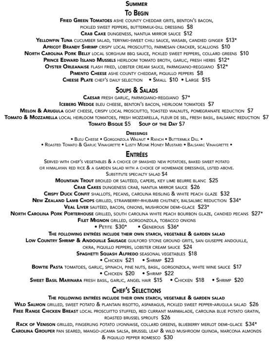 Menu at Twigs restaurant, Blowing Rock