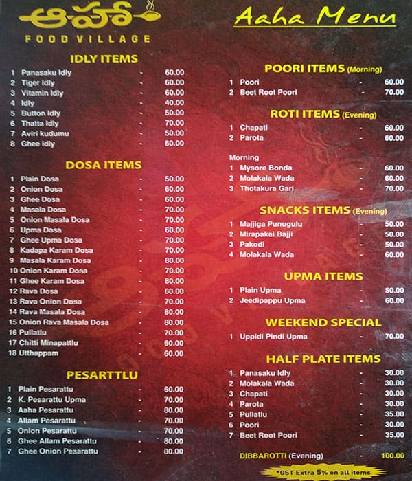 Menu at Aaha Food Village, Hyderabad, Plot No. 8-1-284/ou/352