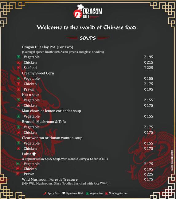 Menu at Dragon Hut, Jaipur