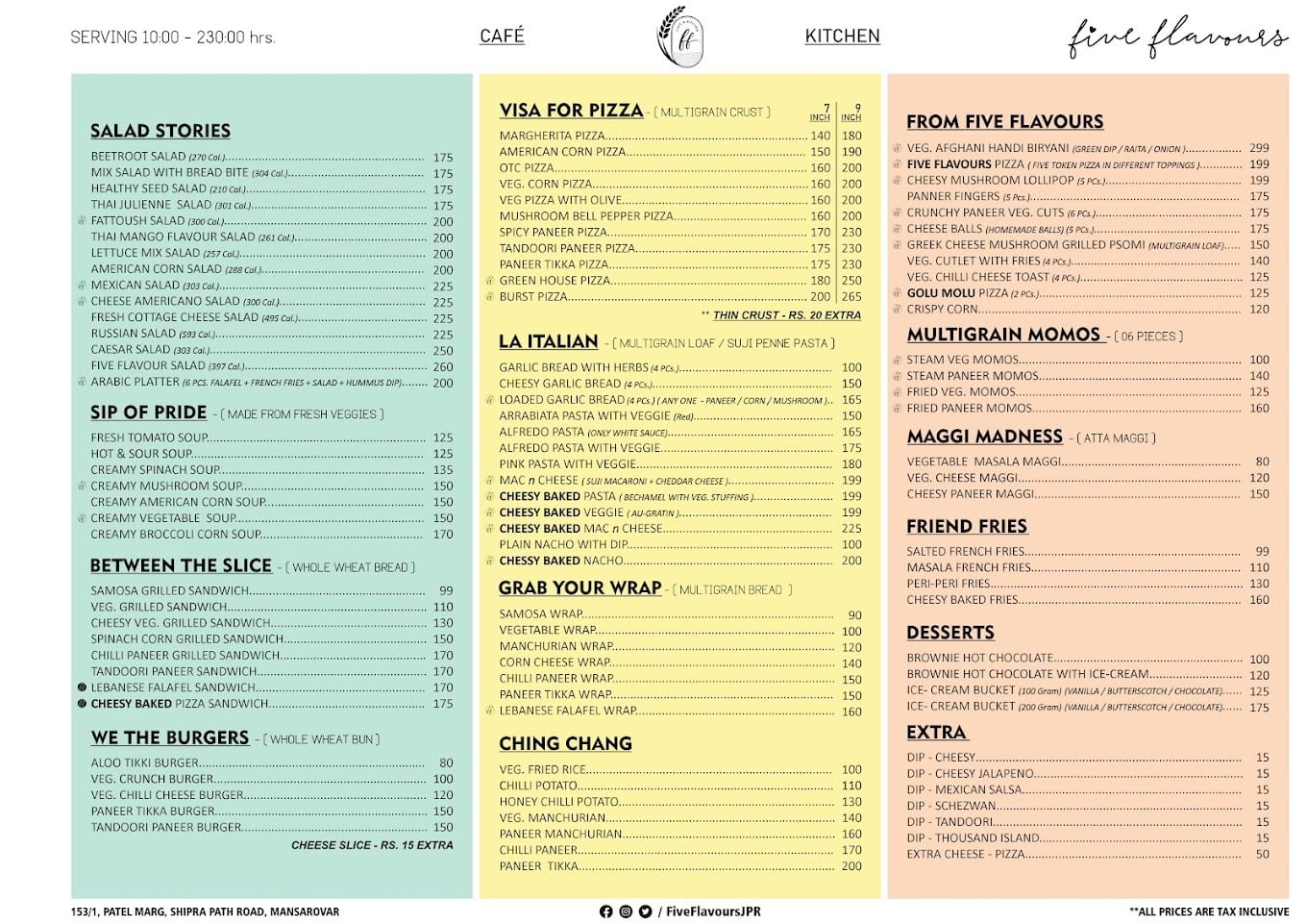 Menu at Five Flavours, Jaipur
