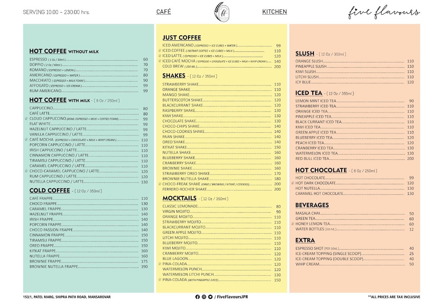 Menu at Five Flavours, Jaipur