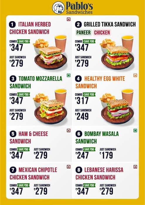 Menu of Pablo's Sandwiches, HSR, Bangalore