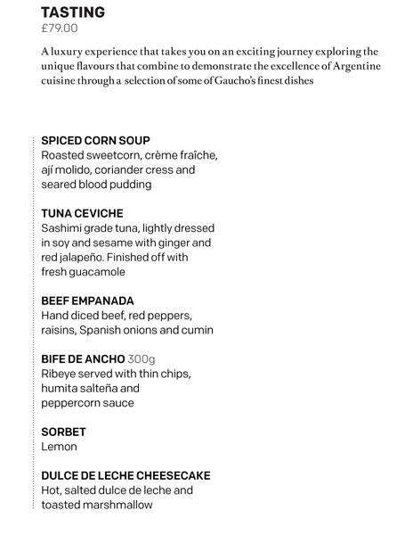 Menu at Gaucho steakhouse, London, 89 Sloane Ave