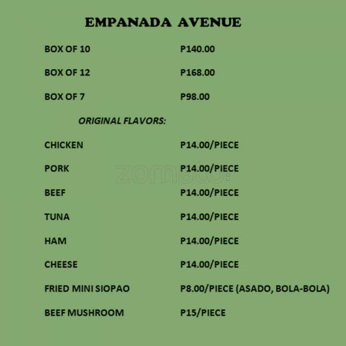 Menu at Empanada Avenue restaurant, Quezon City, E. Rodriguez