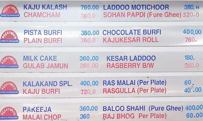 Menu of Aggarwal's Sweets Paradise, Alaknanda, New Delhi