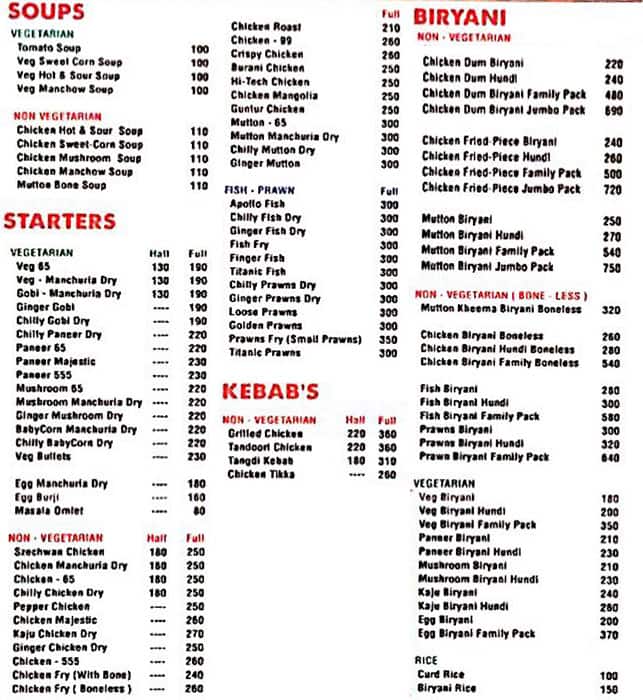 Menu of Moghul's Paradiez Biryani House, S R Nagar, Hyderabad