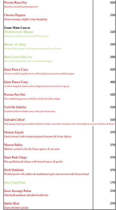 Menu at Grapevine Restaurant, Vasco da Gama