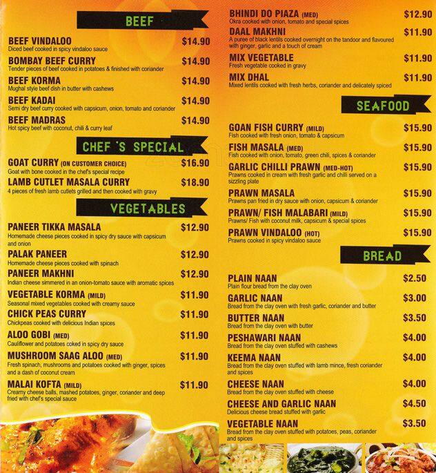 Menu at Tandoori Taj restaurant, Campbelltown