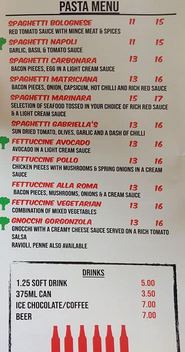 Menu at Gabriella Pizza pizzeria, Carnegie