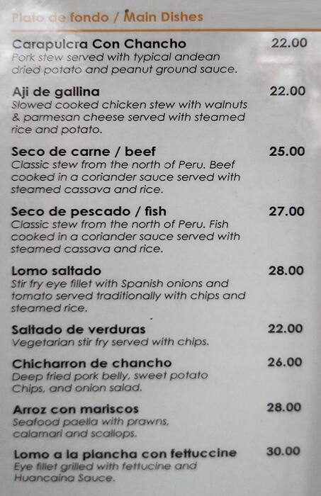Menu at Inti Gourmet Fine Peruvian Food restaurant, Chelsea, 414 Nepean Hwy