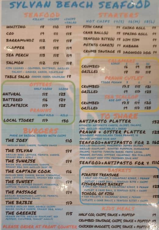 Menu at Sylvan Beach Seafood Cafe, Bellara