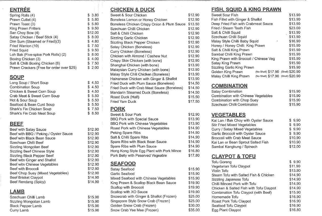 Menu at Top Wok restaurant, Willetton