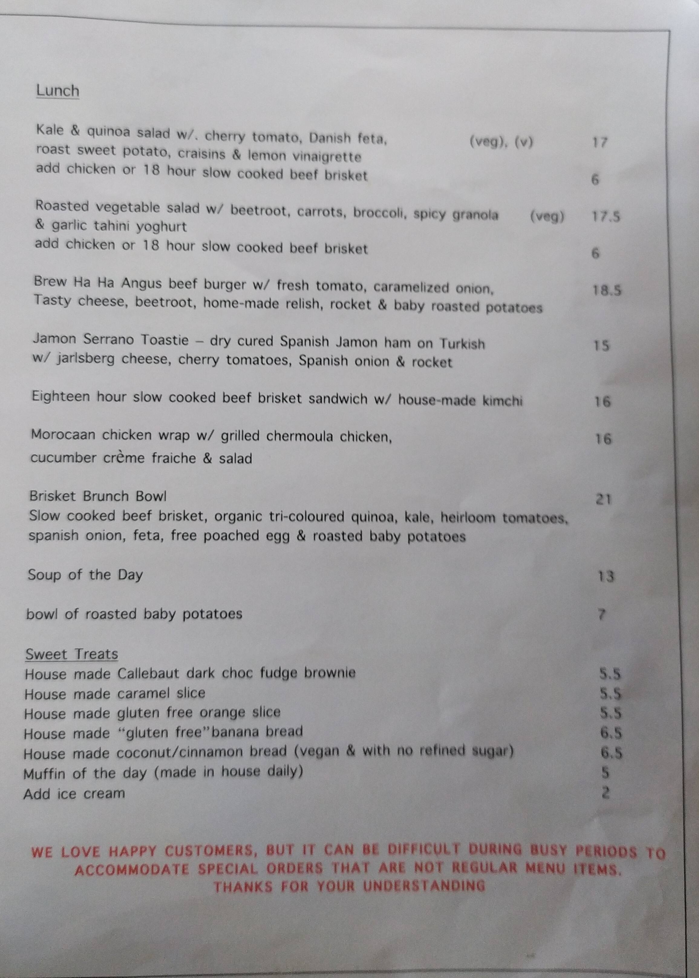 Menu at Brew Ha Ha Coffee Roasters Lilyfield cafe, Lilyfield
