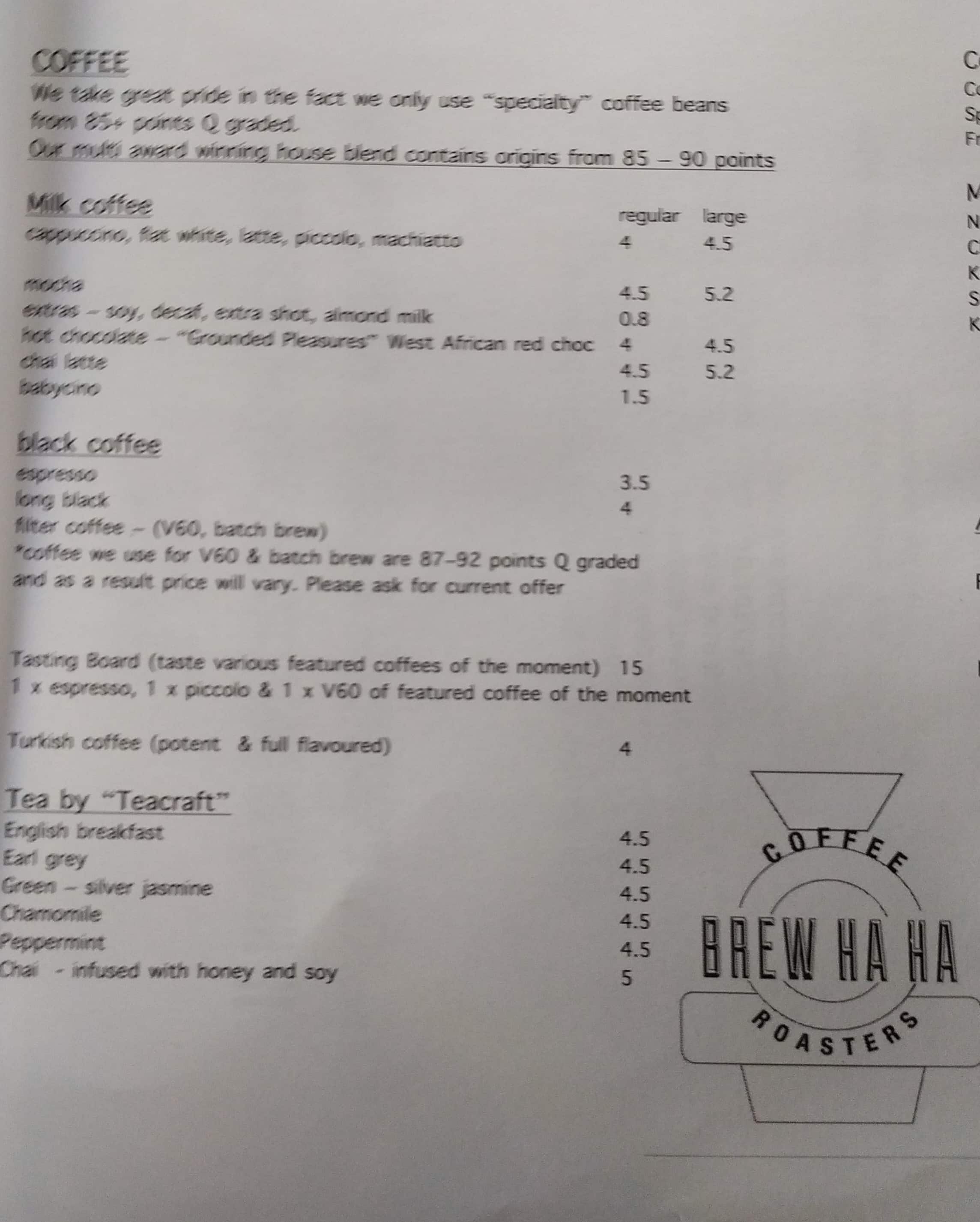 Menu at Brew Ha Ha Coffee Roasters Lilyfield cafe, Lilyfield