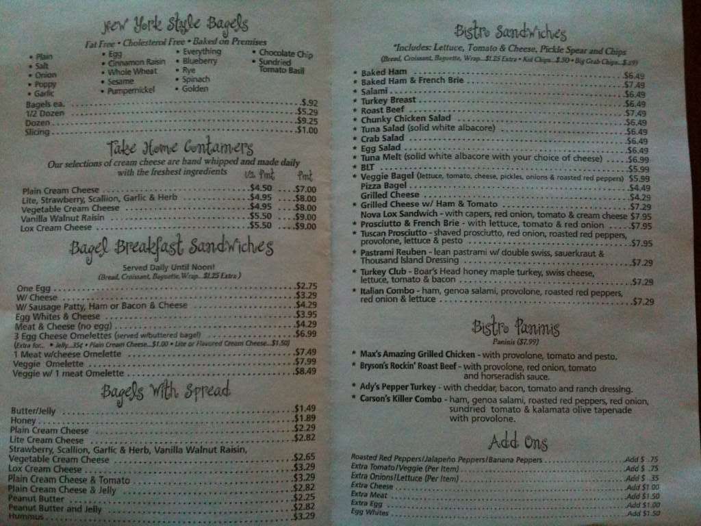 Menu at Bagel Bistro cafe, Tequesta