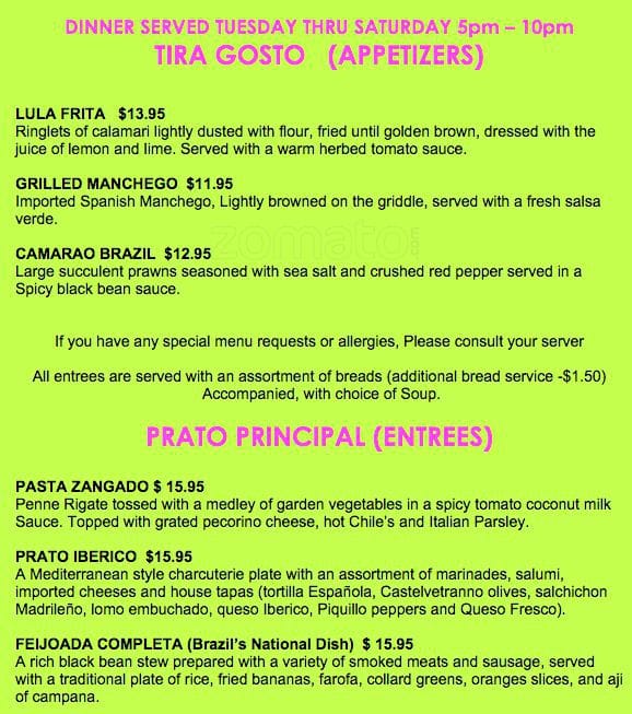 Menu at Cafe Brazil, Denver