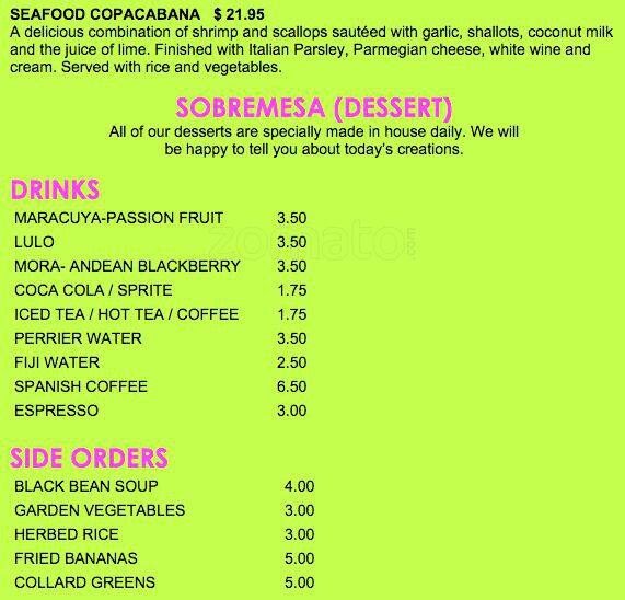 Menu at Cafe Brazil, Denver