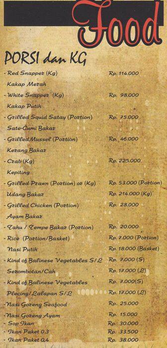 Menu at Warung Mak Beng Ubud restaurant, Gianyar, Jl. Cok Rai Pudak