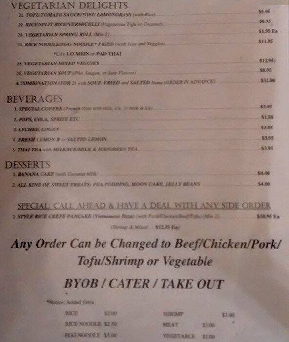 Menu at Tram's Kitchen restaurant, Pittsburgh