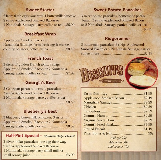 Menu at The Sawmill Place restaurant, Blairsville