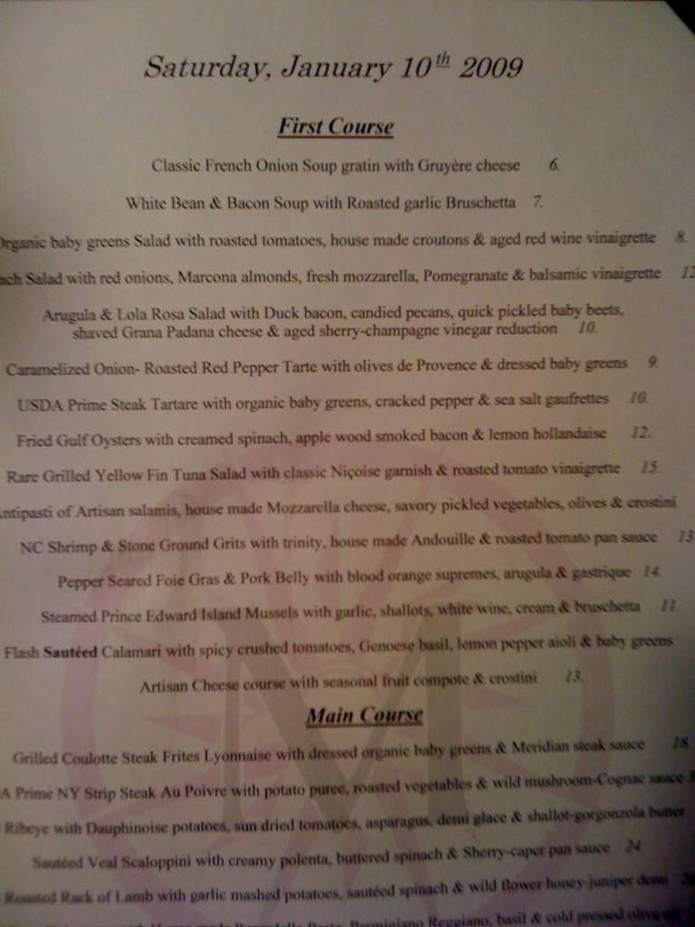 Menu at Meridian Restaurant, Winston-Salem