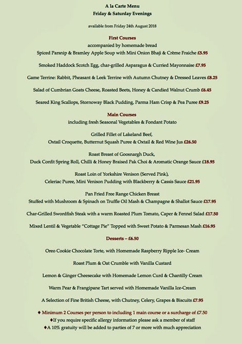 Menu at David's Restaurant, Carlisle