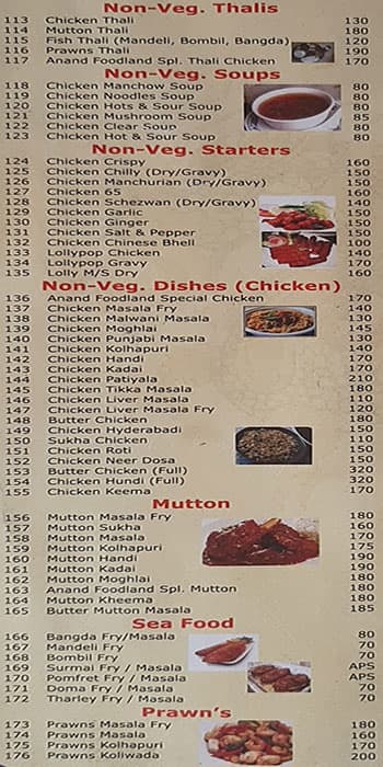Menu at Hotel Anand Foodland, Mumbai