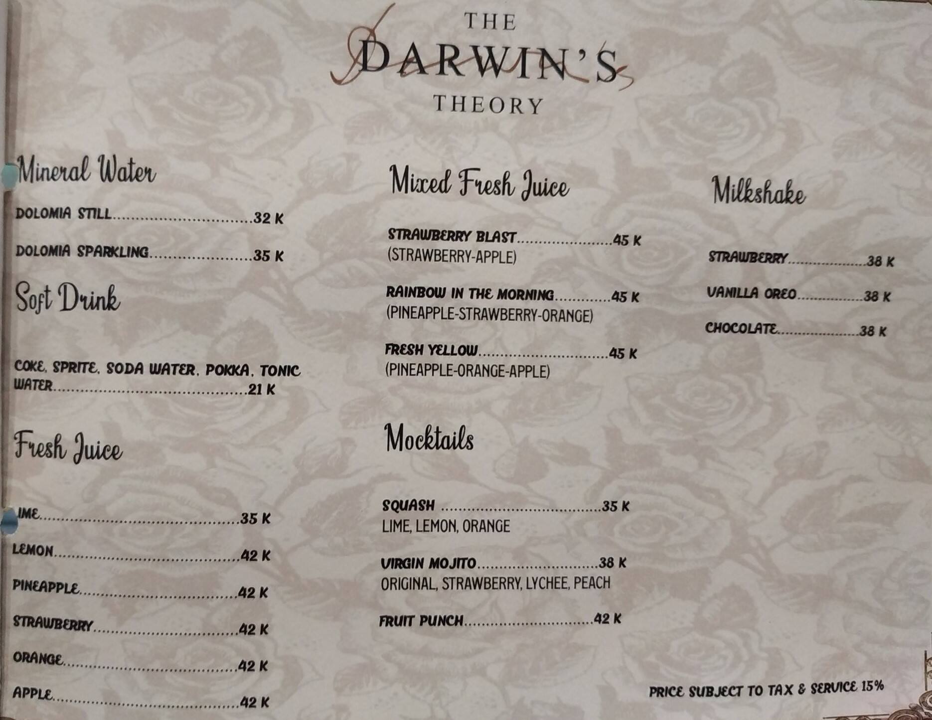 Menu at The Darwin's Theory restaurant, North Jakarta