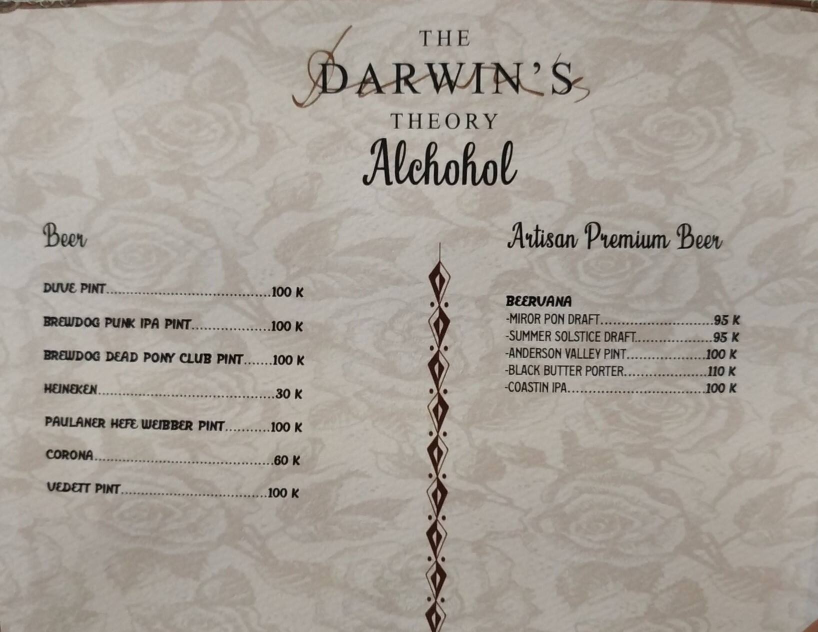 Menu at The Darwin's Theory restaurant, North Jakarta