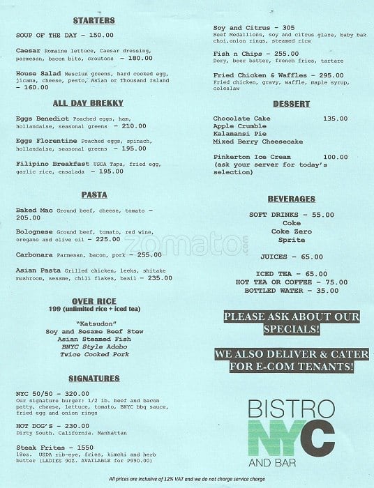 Menu at Bistro NYC restaurant, Pasay