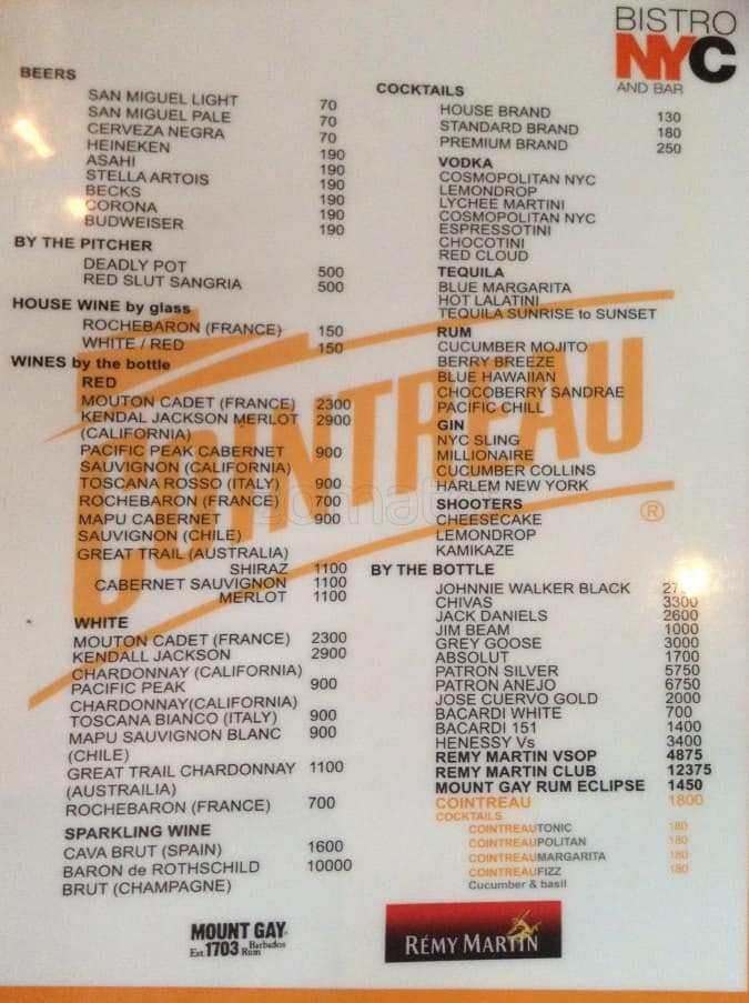 Menu at Bistro NYC restaurant, Pasay