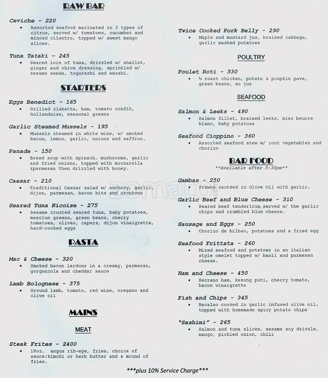 Menu at Bistro NYC restaurant, Pasay