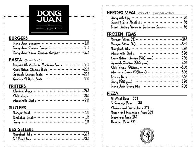 Menu at Dong Juan restaurant, Quezon City, 72 Mo. Ignacia Ave