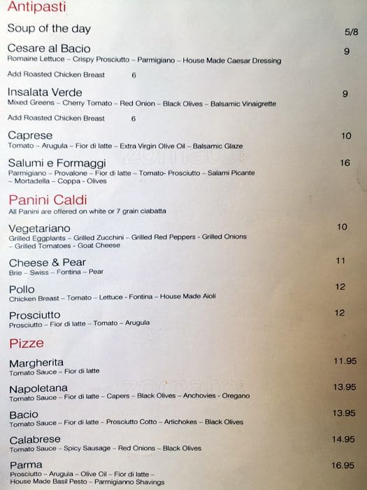 Menu at Trattoria Bacio cafe, Toronto