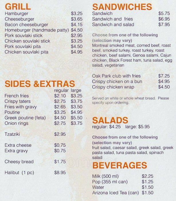 Menu at Oak Park Deli restaurant, Toronto