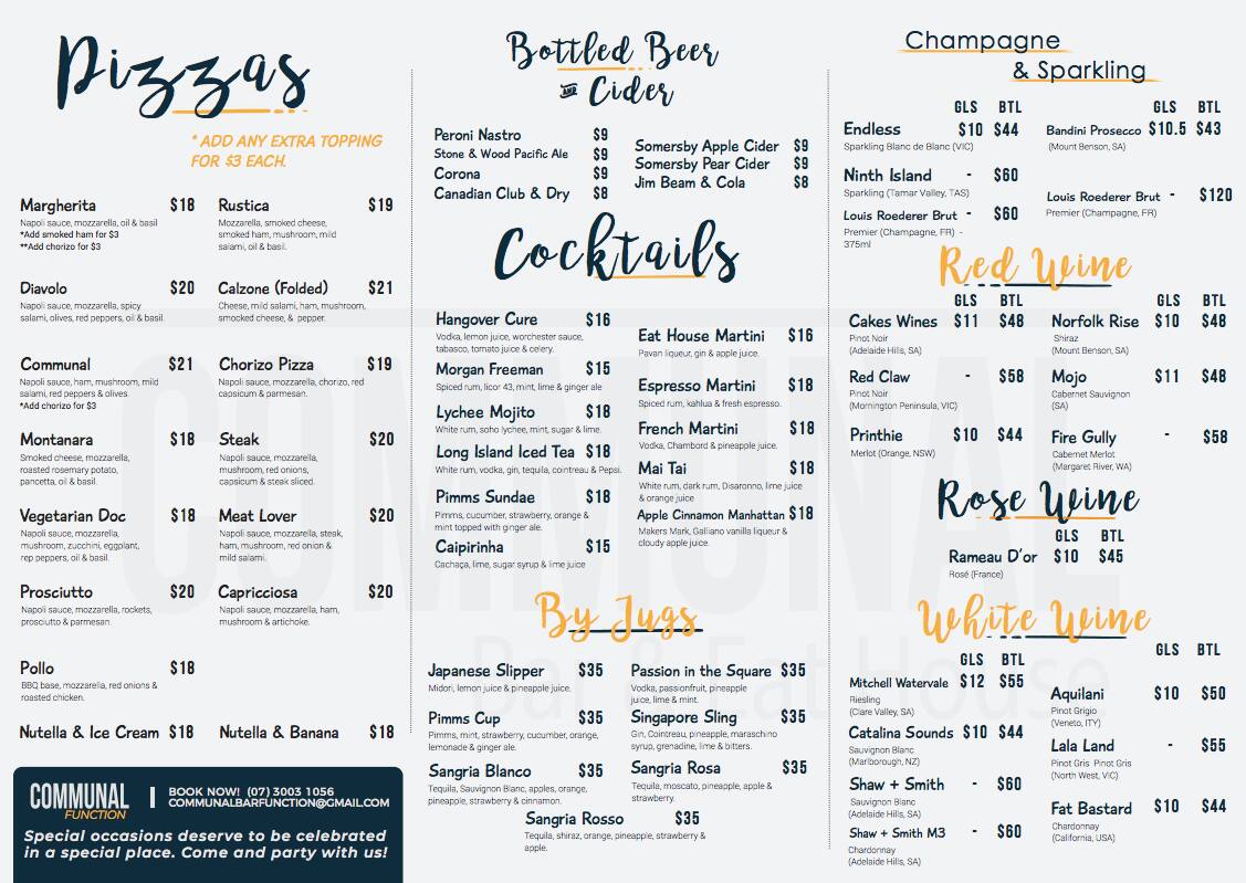 Menu at Communal Bar and Eat House, Brisbane City