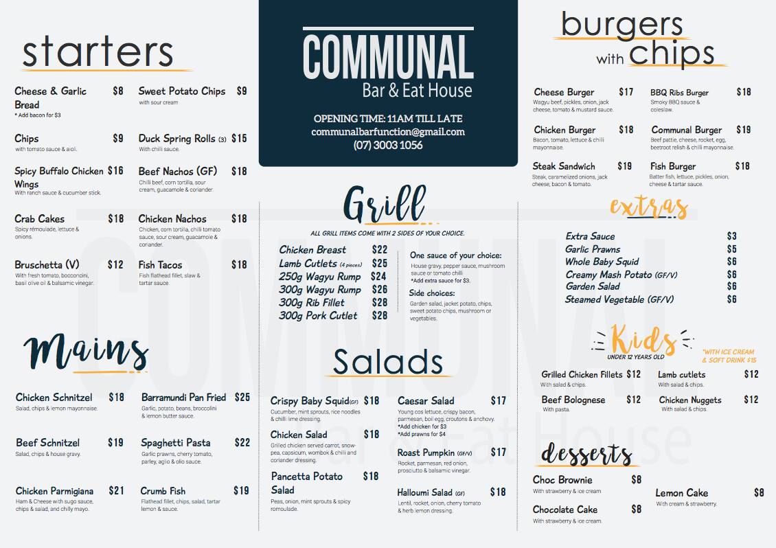 Menu at Communal Bar and Eat House, Brisbane City