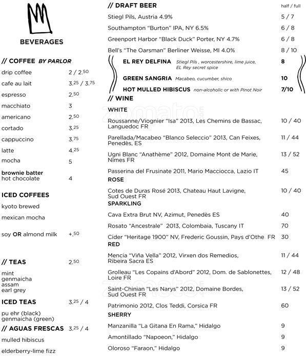 Carta de El Rey Coffee Bar, Nueva York