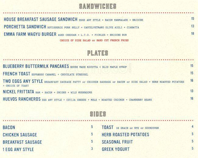 Menu at The Nickel restaurant, Denver, 14th St