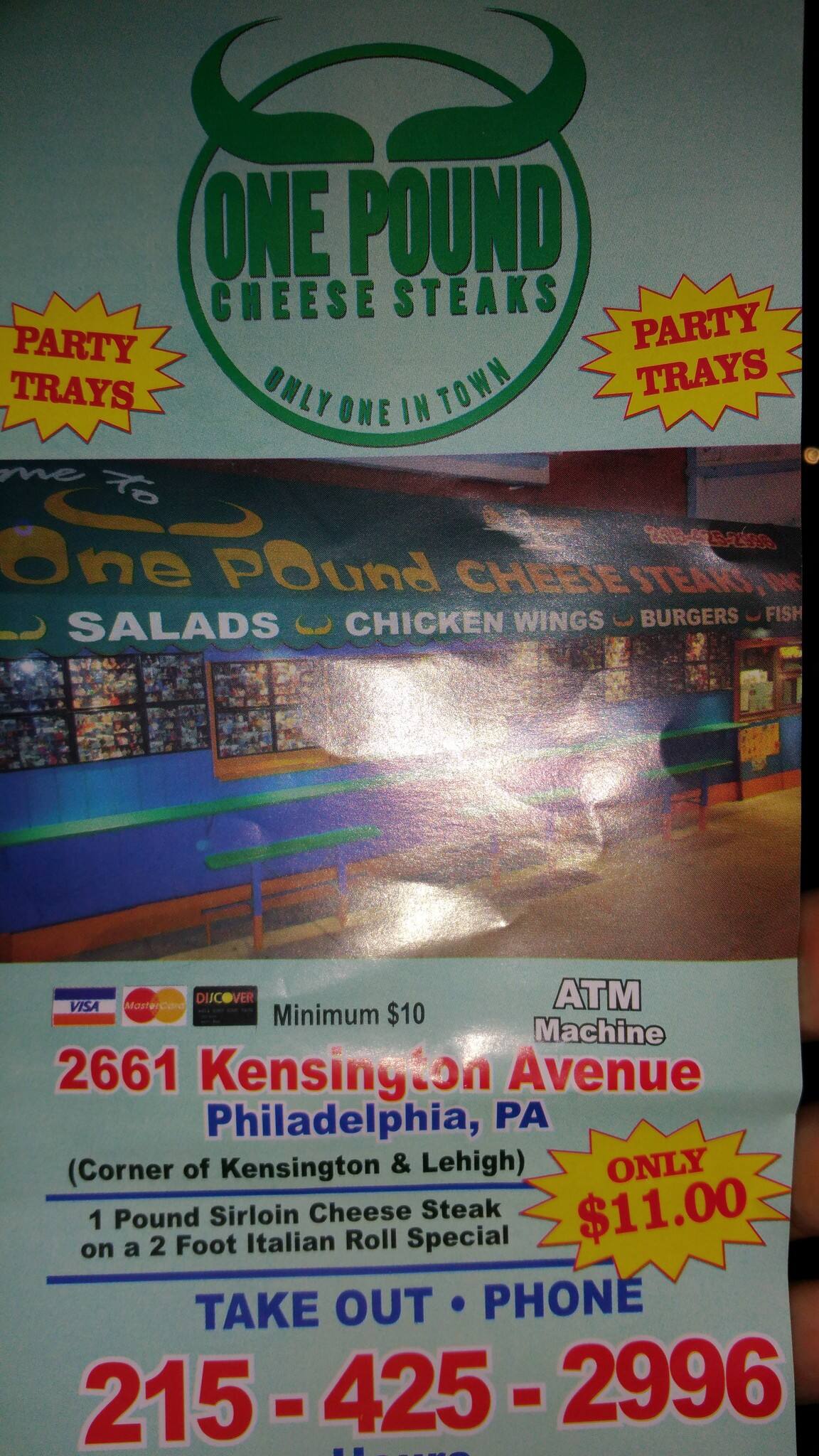 Menu at One Pound Cheese Steak restaurant, Philadelphia, Kensington Ave