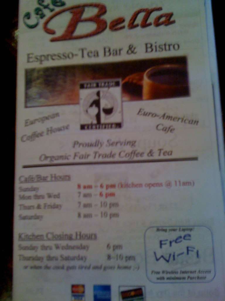 Menu at Cafe Bella, Oklahoma City, S Pennsylvania Ave