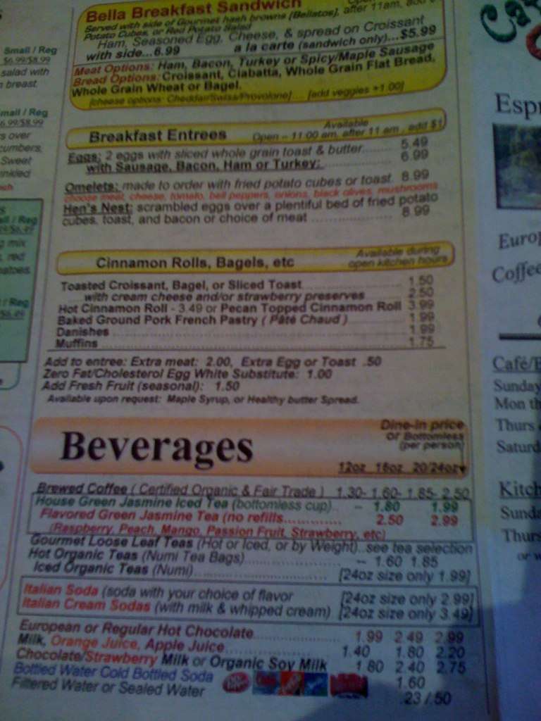 Menu at Cafe Bella, Oklahoma City, S Pennsylvania Ave