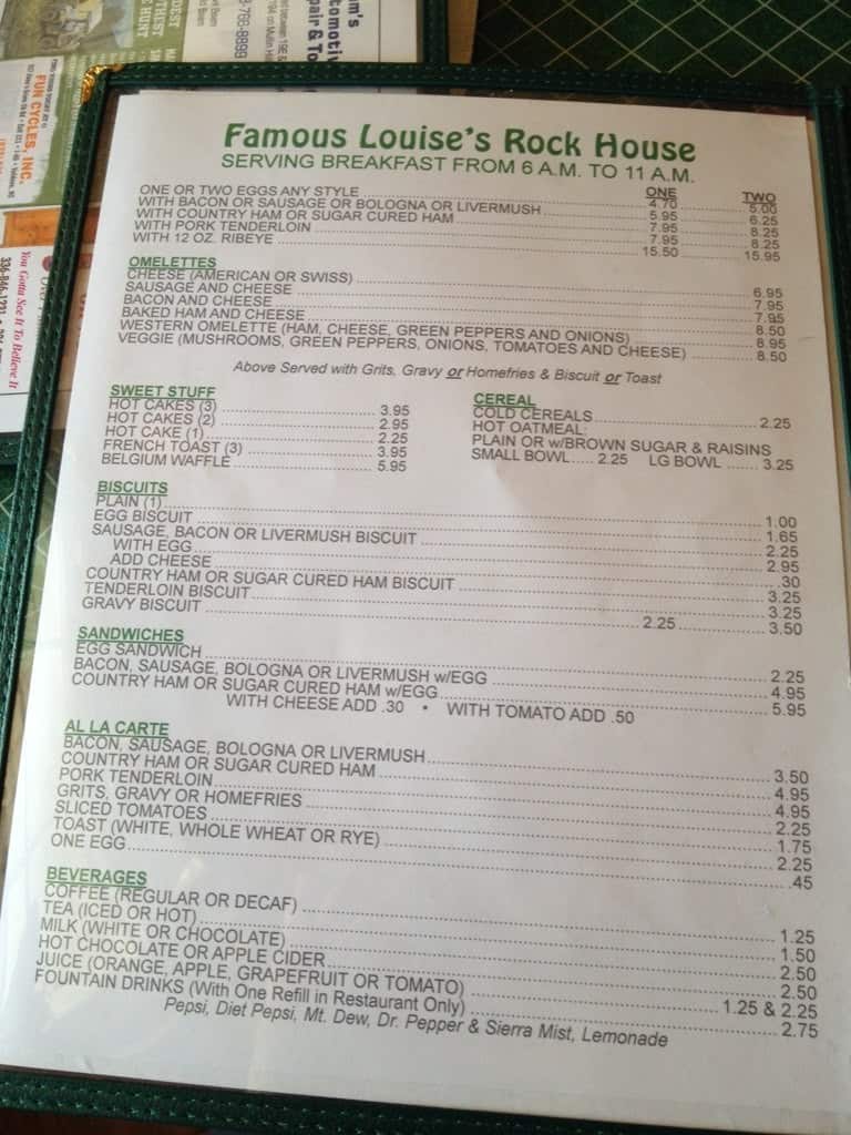 Menu at Louise's Rock House Restaurant, Linville Falls