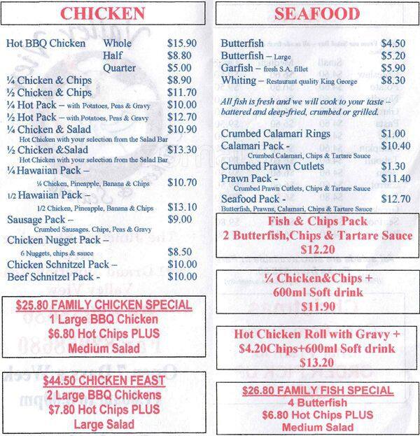 Menu at Valley View Chicken & Seafood restaurant, Valley View